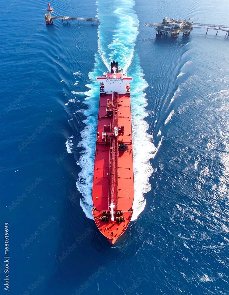 Aerial View of Red Tanker Ship Transporting Mined Resources in Blue ...
