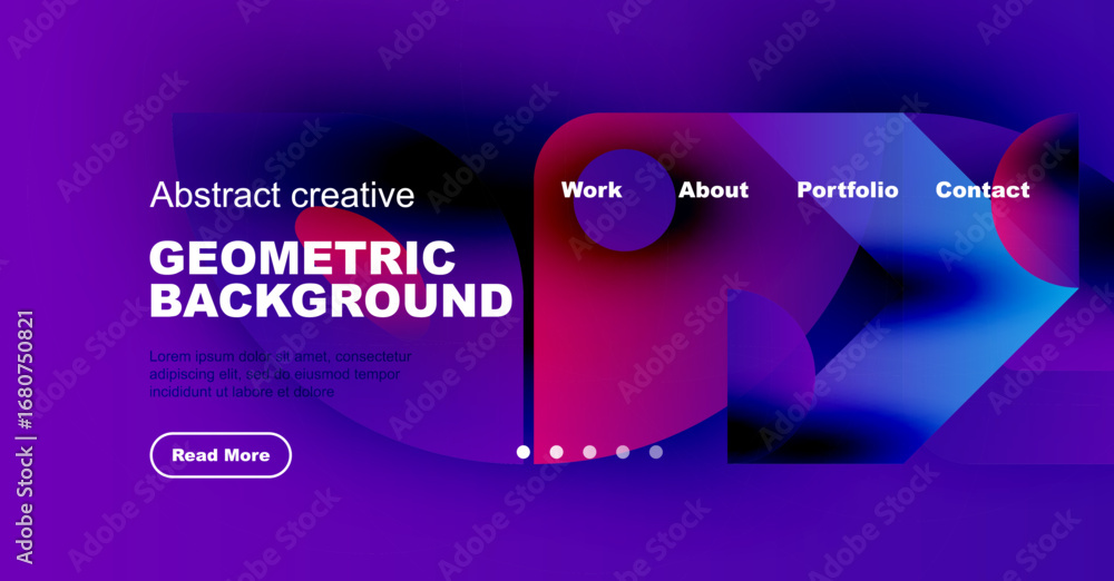 Purple website header displays abstract shapes, text, navigation ...