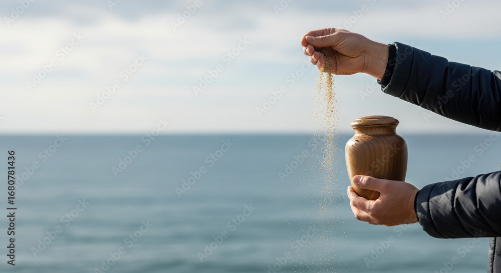 Scattering ashes during memorial service, small urn being used at sea ...