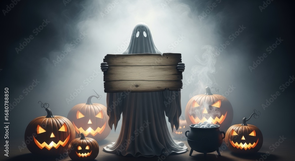 Mysterious ghost holding blank sign amidst spooky jack o lanterns and ...