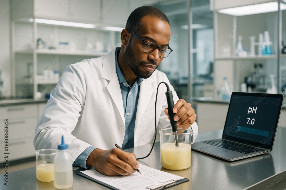 Scientist measuring pH of liquid sample in laboratory while taking ...