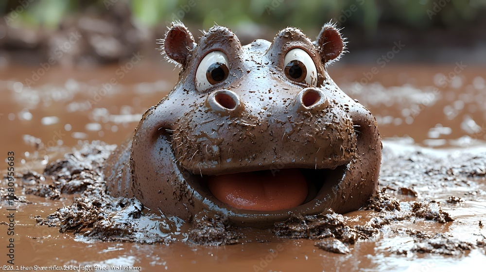 A cheerful and cute cartoon hippo with a goofy smile happily wallows in ...