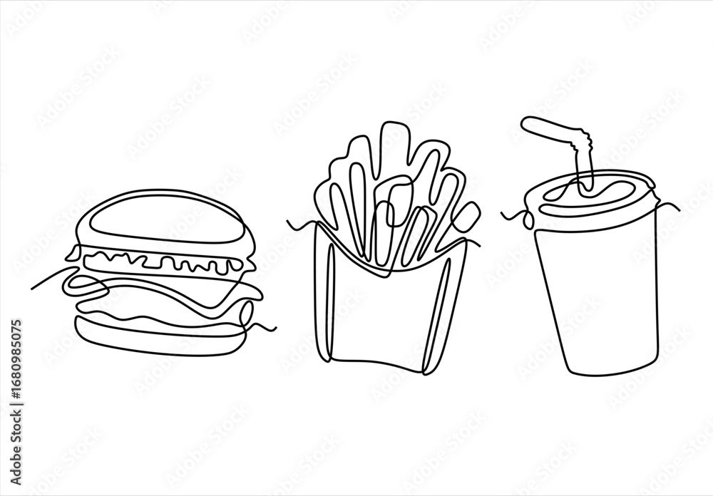 Line Art Fast Food Combo Burger, Fries, and Drink. Logo in Line Art ...