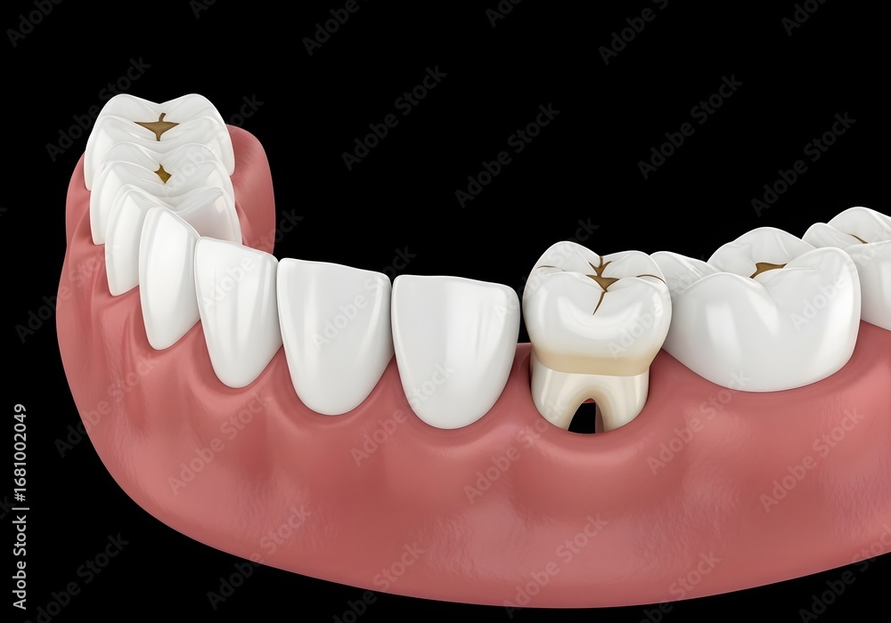 A dental model showing teeth in a gum line with some teeth having ...
