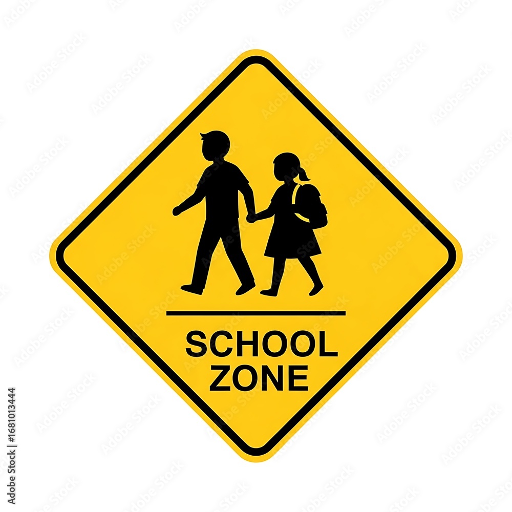 Bright yellow school zone sign with children crossing encourages safety ...