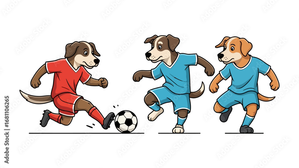 Stock-Vektorgrafik „Dogs Playing Football: Animated dogs in team kits ...