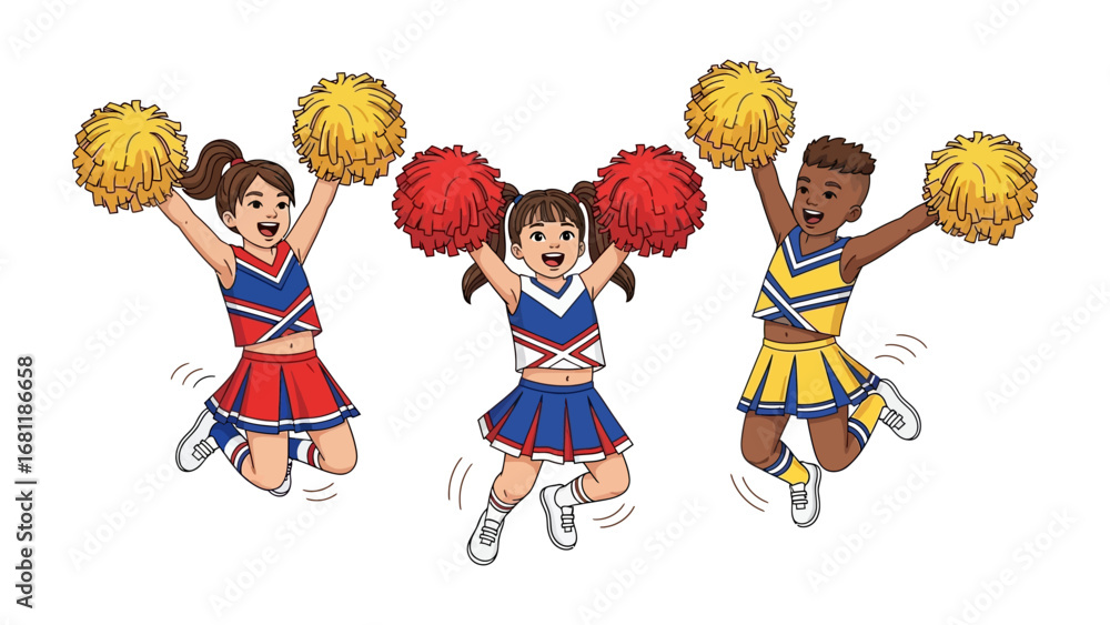 Enthusiastic Cheerleaders: Three animated cheerleaders, each a figure ...