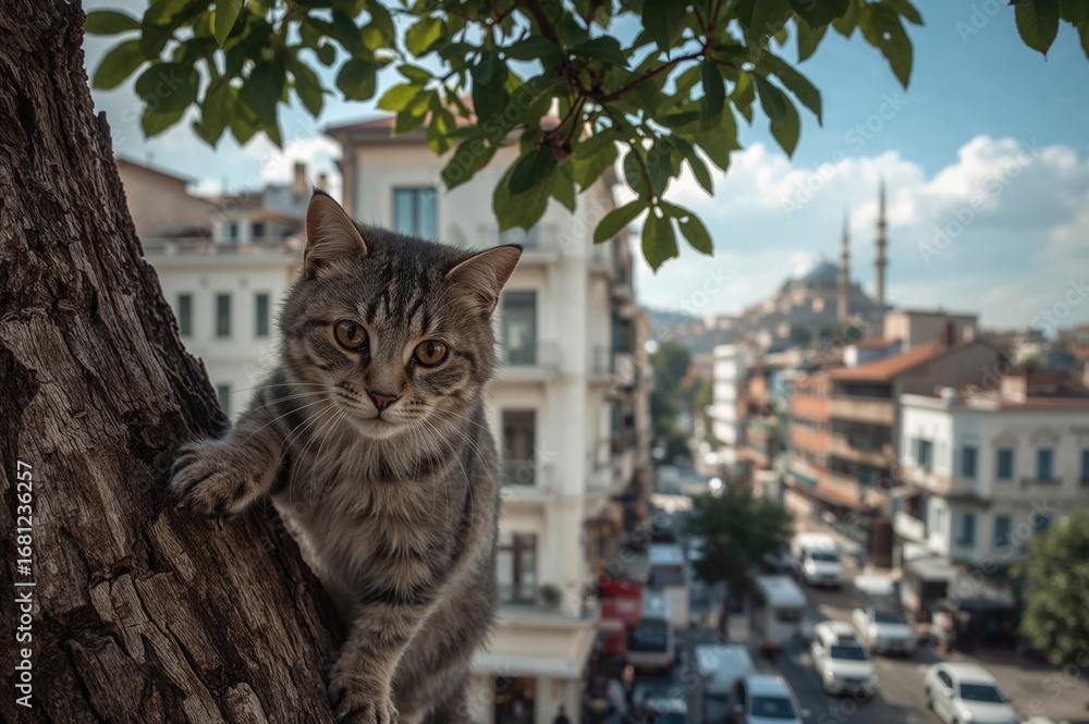 Homeless feline scaling a tree in a city environment Stock Photo ...