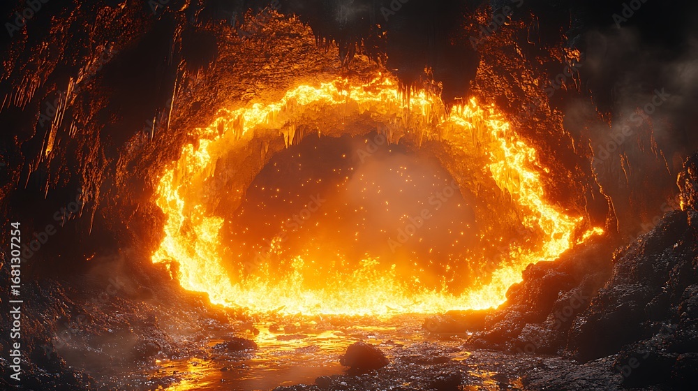 Dramatic photo of a fiery cave entrance with flowing lava and burning ...