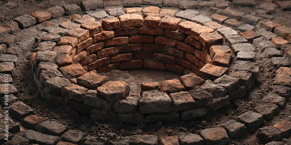 Circular brick well structure on construction site, industrial building ...