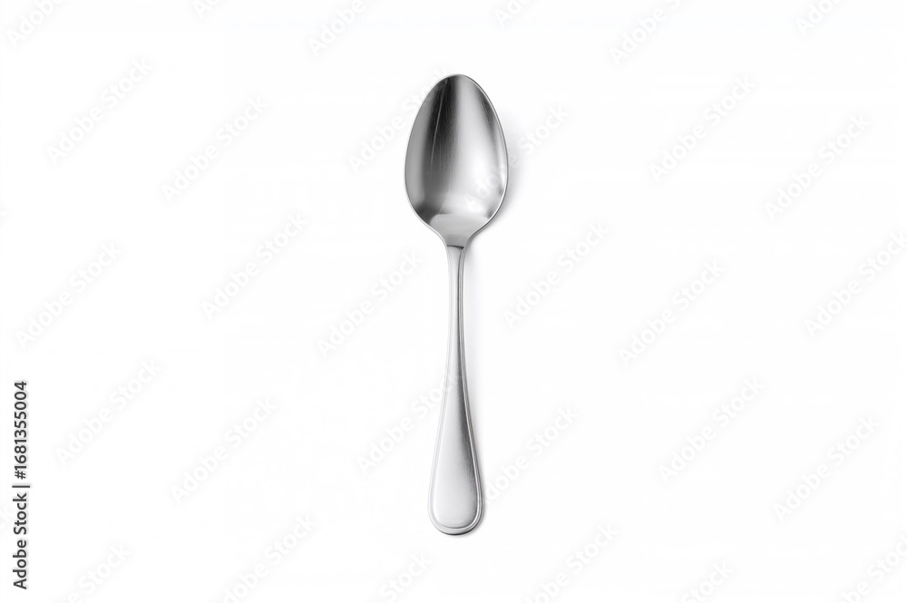 Single gleaming silver spoon on a white background, viewed from above ...