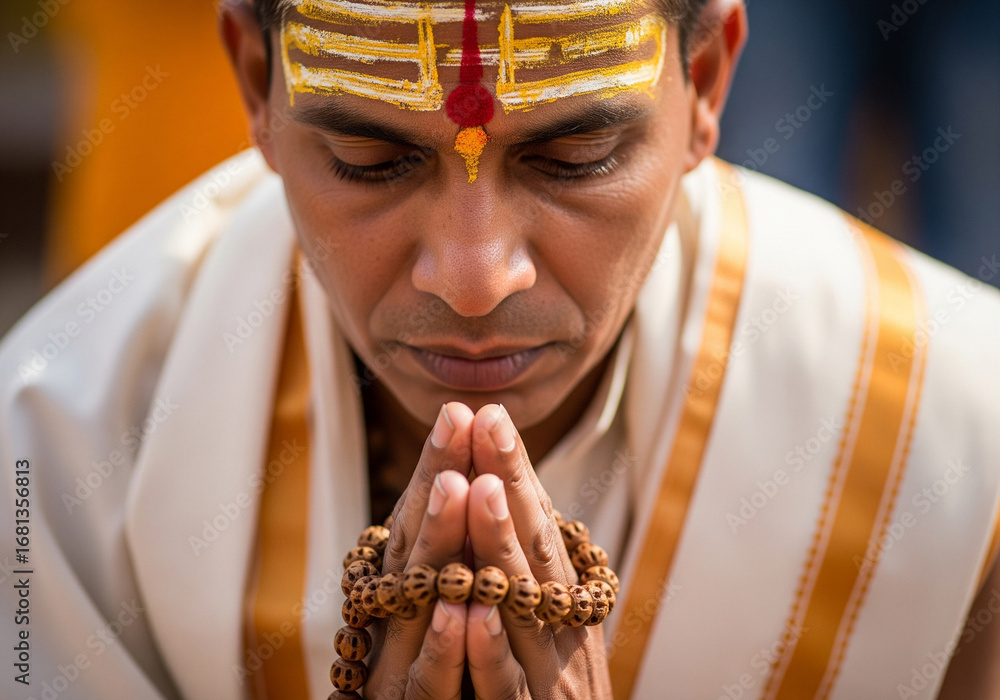 Hindu priest praying inside ancient temple in India – elderly man in ...