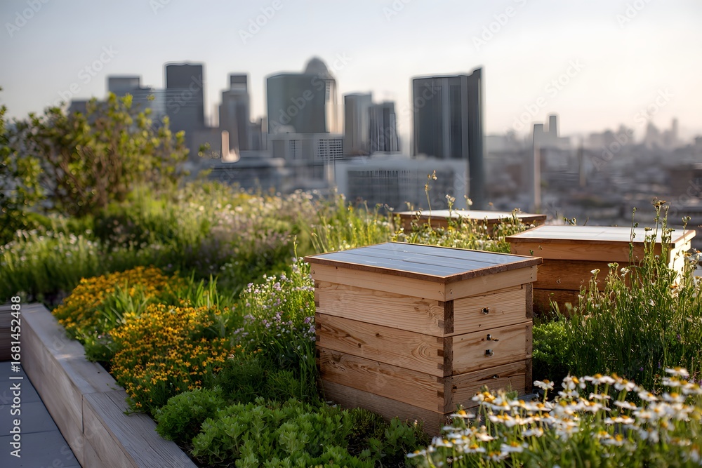 Pollinator habitats with beehives on urban rooftop garden Generative AI ...