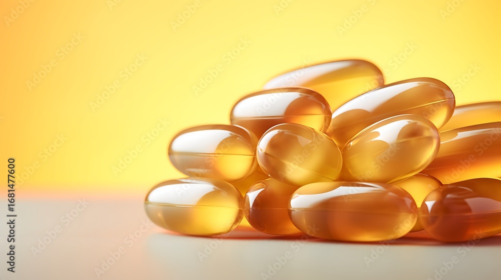 Neatly stacked yellow omega-3 capsules on a soft gradient background ...