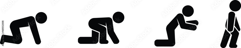 Human crawling to walking progression, silhouette icons, stages of ...