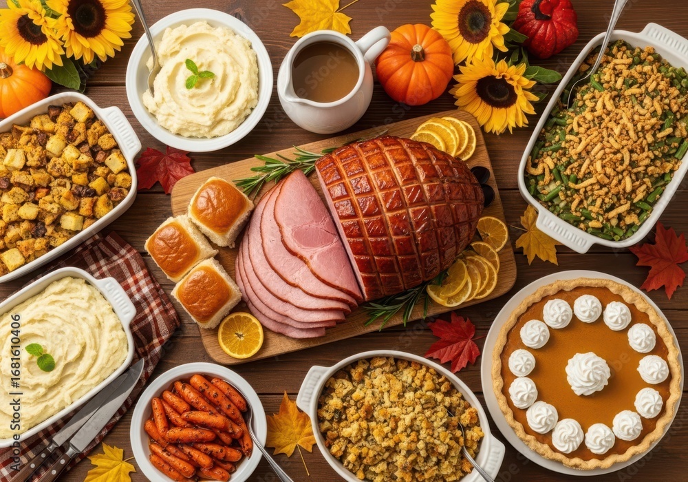 Overhead view of a Thanksgiving dinner spread with carved ham and side ...
