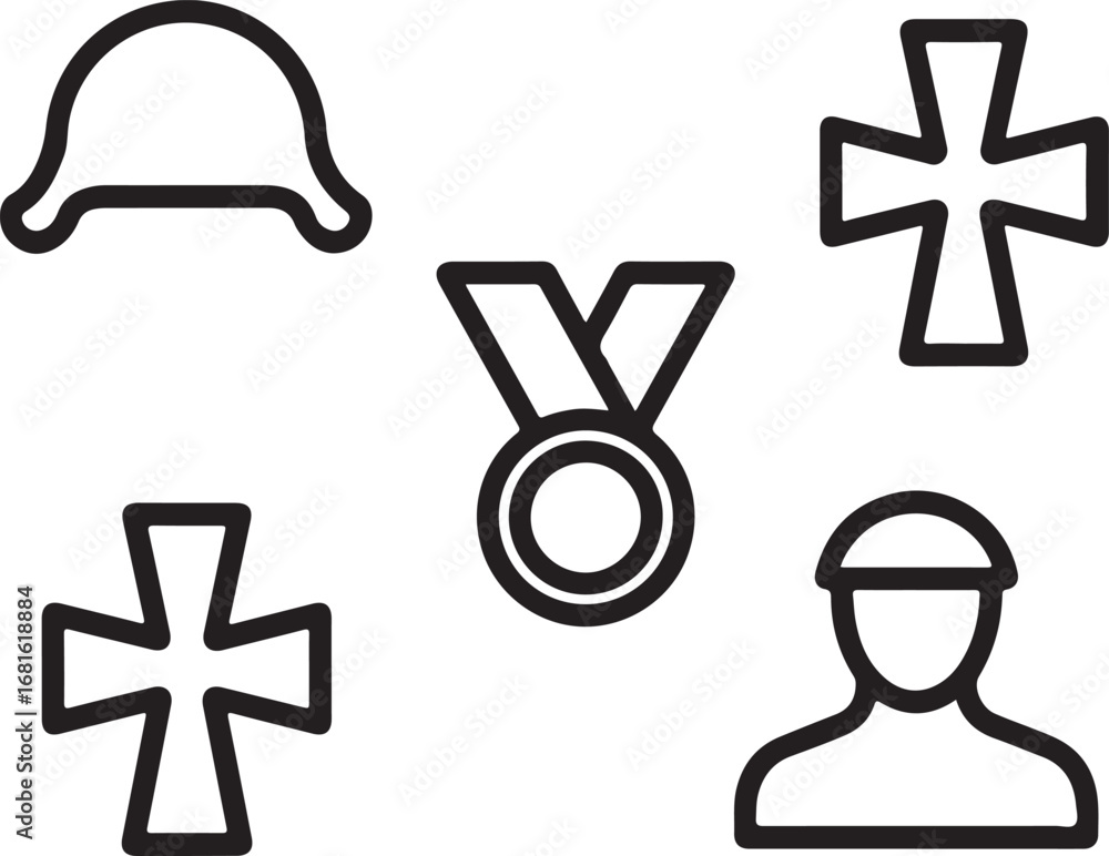 Military Memorial Outline Icons Pack Helmet, Medal of Honor, Cross ...