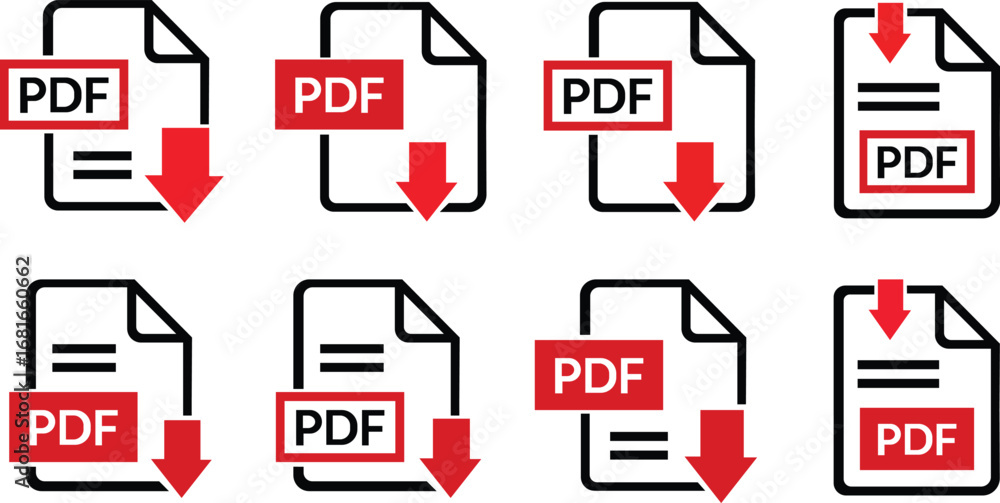 PDF file format icons set. PDF file download symbols. Format for texts ...