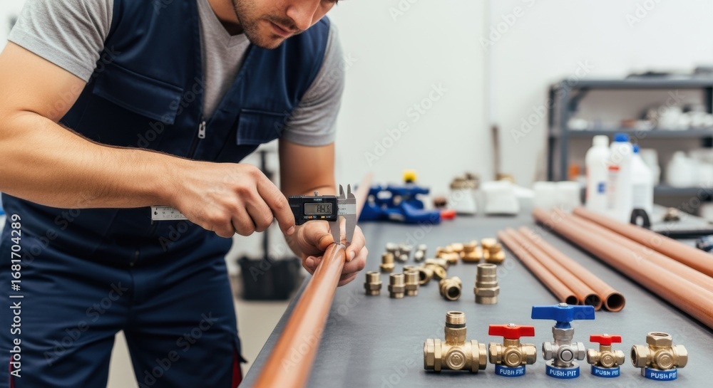 Plumber using a tool to measure pipe diameter before selecting the ...