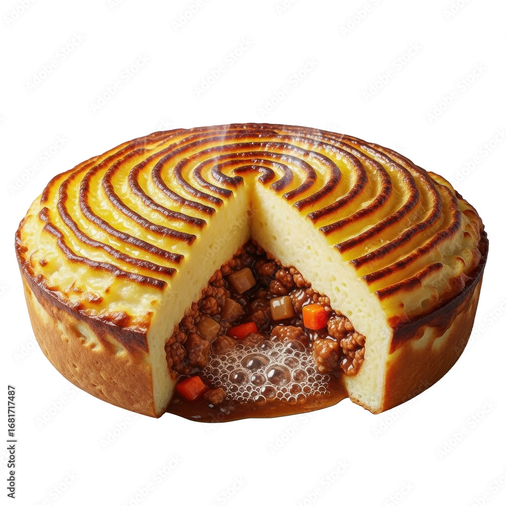 Golden-brown, seared shepherd's pie, crisp glossy mashed potato ...