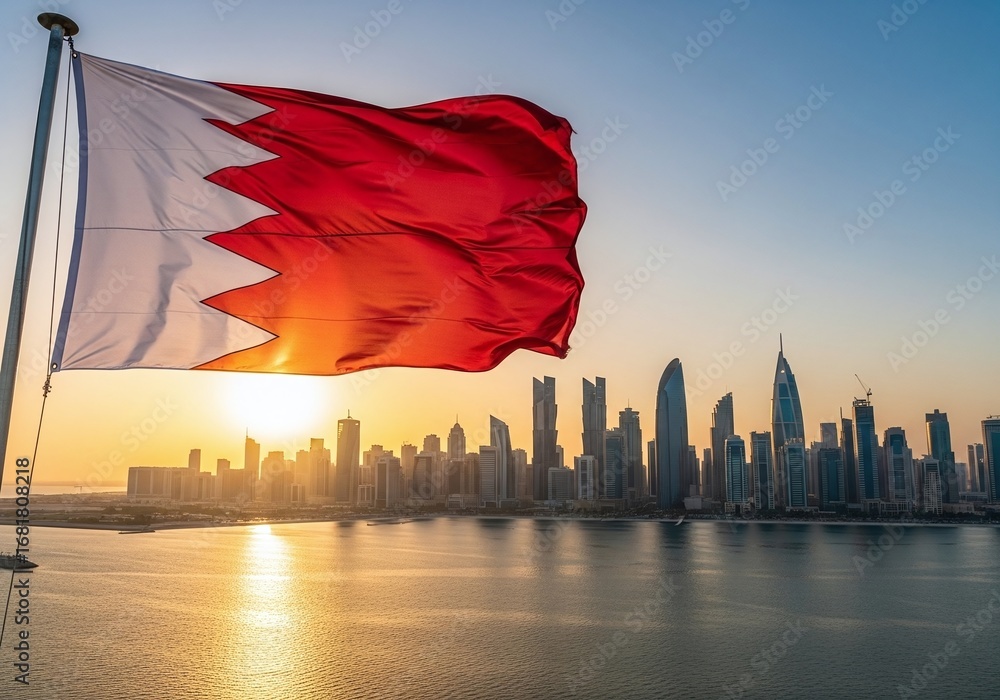 Panoramic shot of Bahrain flag with the Manama skyline at sunset Stock ...