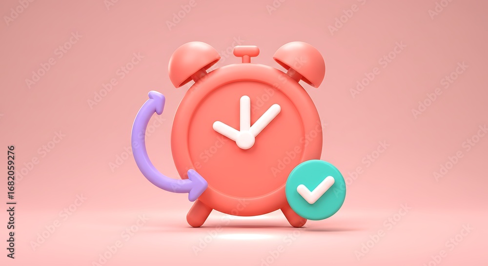 Stylized alarm clock with return arrow and check mark on pink ...