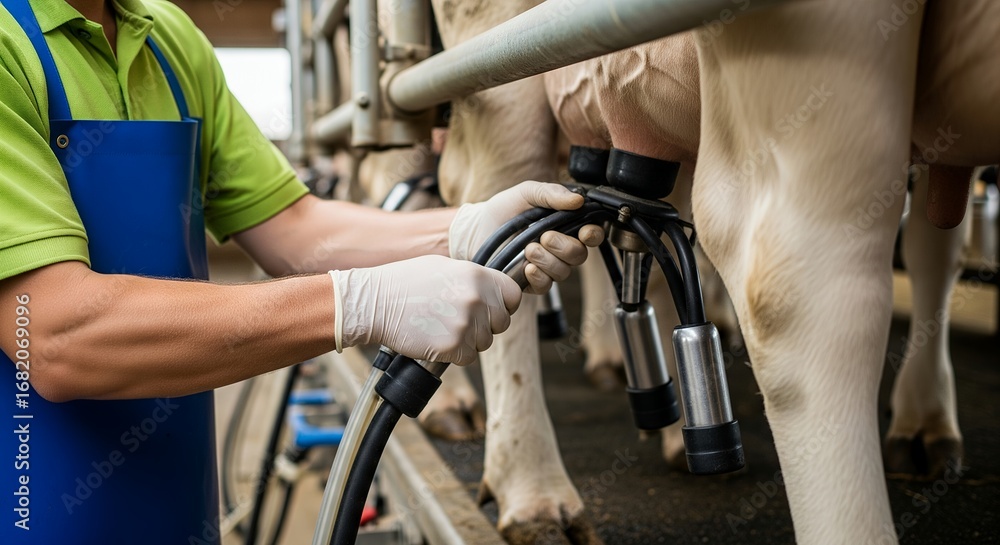 Close-up of a farmer milking a cow using modern milking machine ...