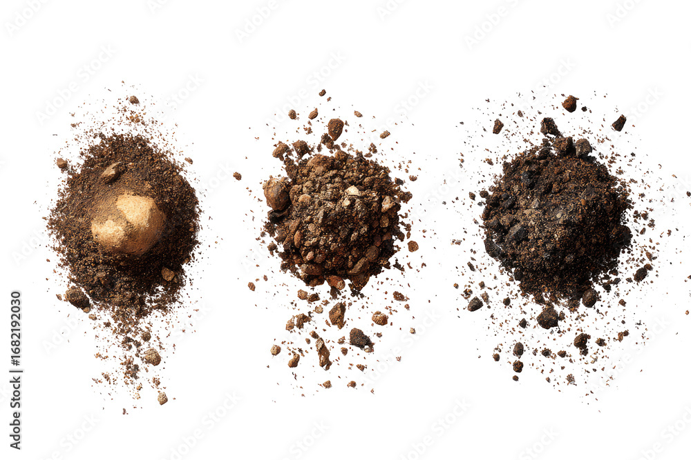 Three mounds of earth, overhead view. Each mound displays varying ...