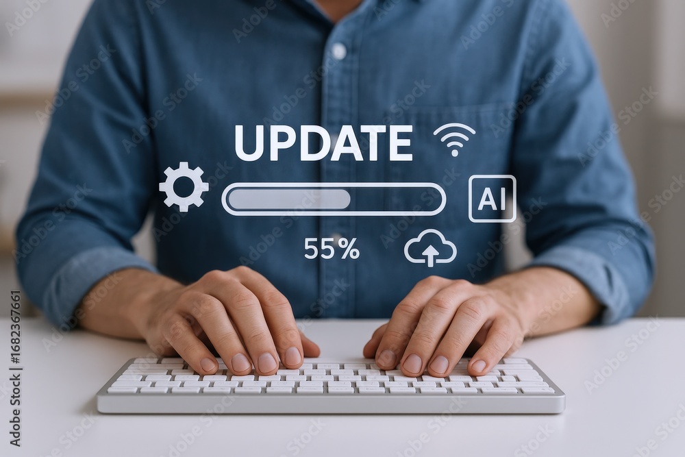 Software update in progress with digital overlay on a person typing on ...