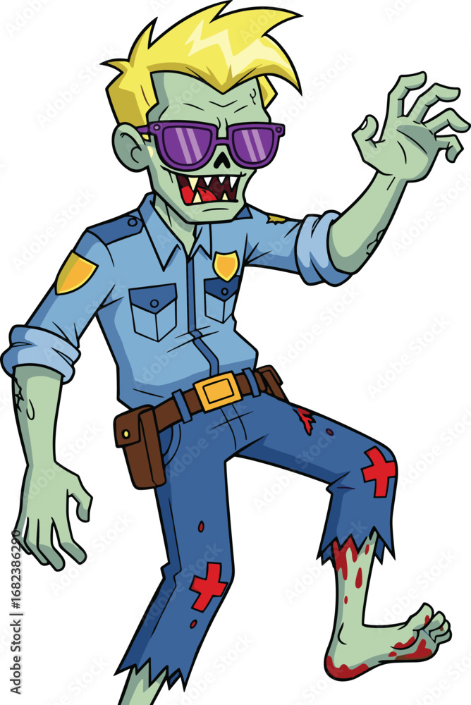 Cartoon zombie police officer, creepy undead cop, blonde hair, purple ...
