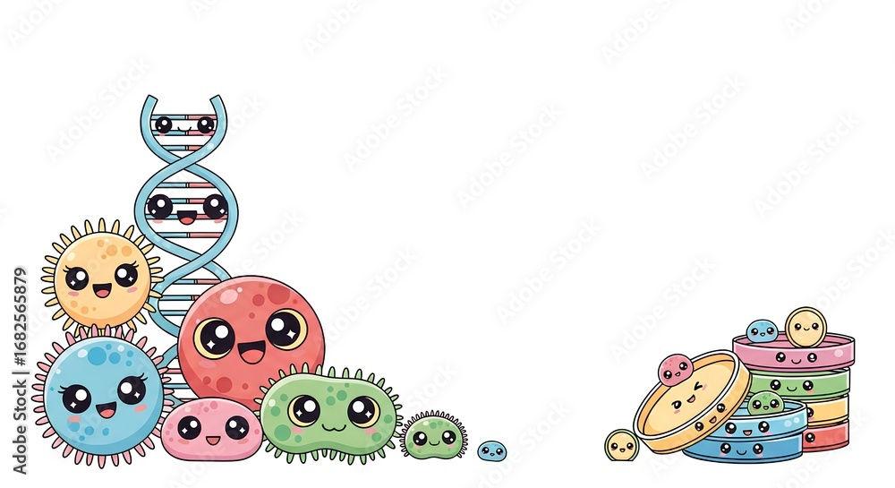 Playful microbiology scene featuring a collection of cute kawaii ...