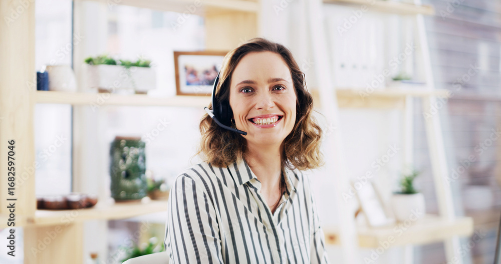 Headset, portrait and woman receptionist in office with CRM ...