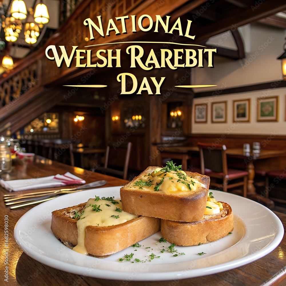 welsh rarebit day celebration, cheesy welsh rarebit toast, traditional ...