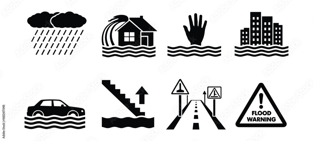 Flood Warning Icons Showing Heavy Rain Flooded House Submerged Hand ...