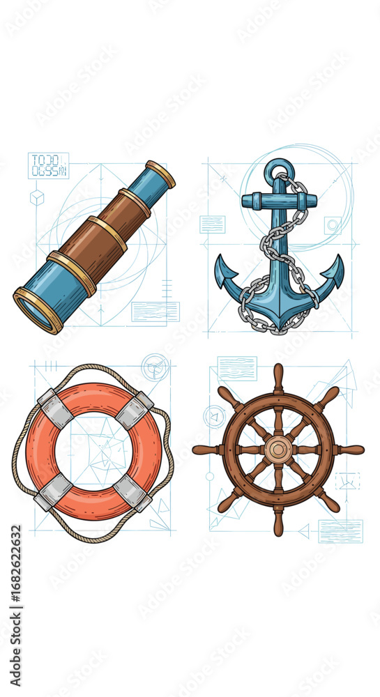 Nautical maritime symbols blueprint design featuring anchor spyglass ...