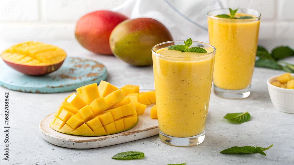 mango smoothie in a glass with fresh mango cubes beside, bright yellow ...
