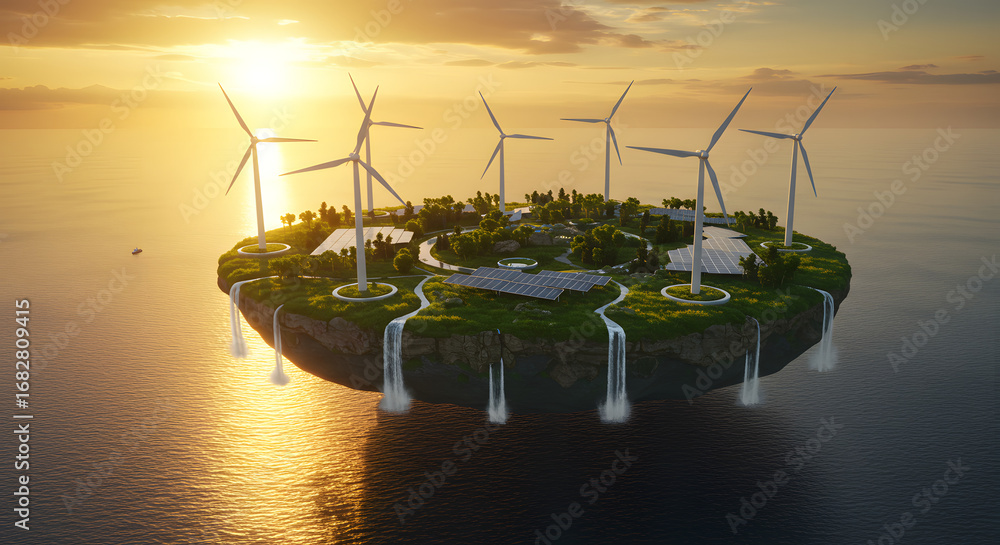 Floating Island Renewable Energy Paradise: Solar Panels and Wind ...