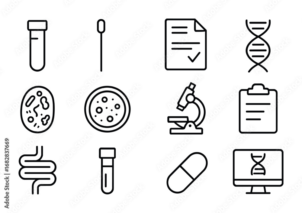 Microbiome Test Icons. Outline icon set of microbiome testing: test ...