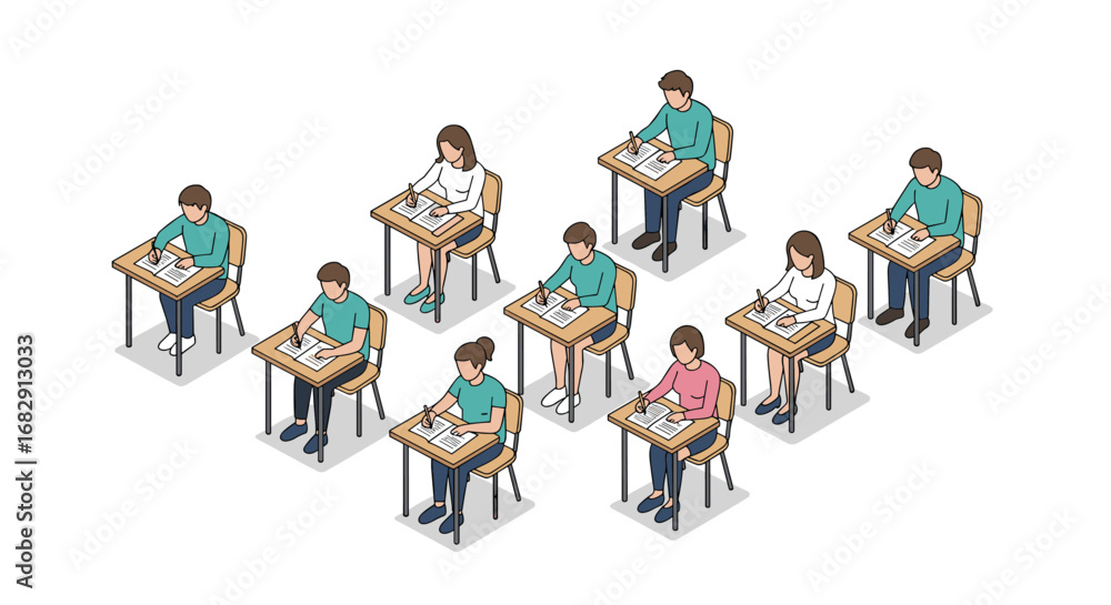 Isometric classroom scene with students taking exam in rows Stock ...