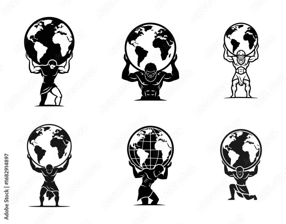 Atlas Carrying the Earth Vector Logo Set. Strong Men Holding Globe Icon ...