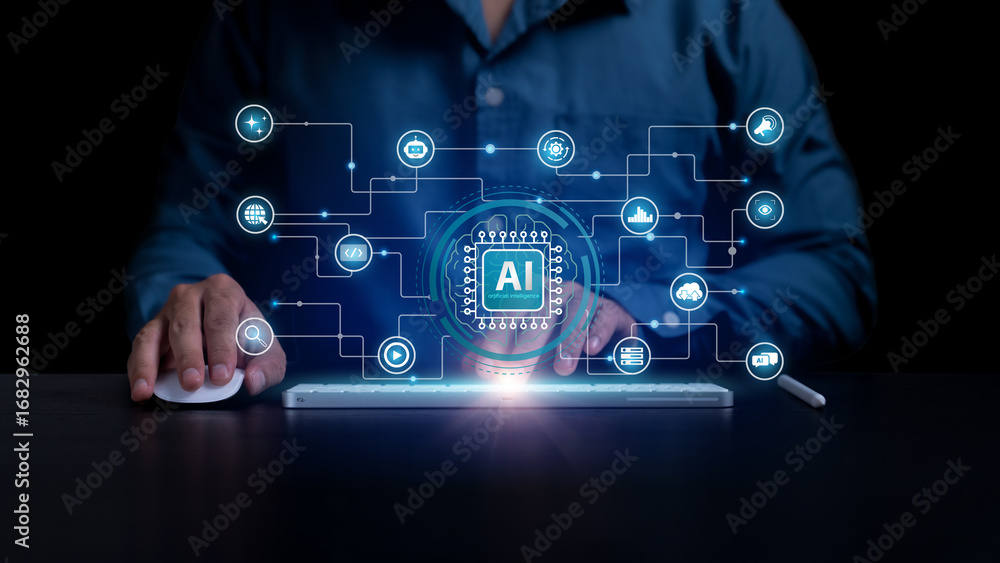 AI agent and generative artificial intelligence. Robotic processes automation and data analysis ...