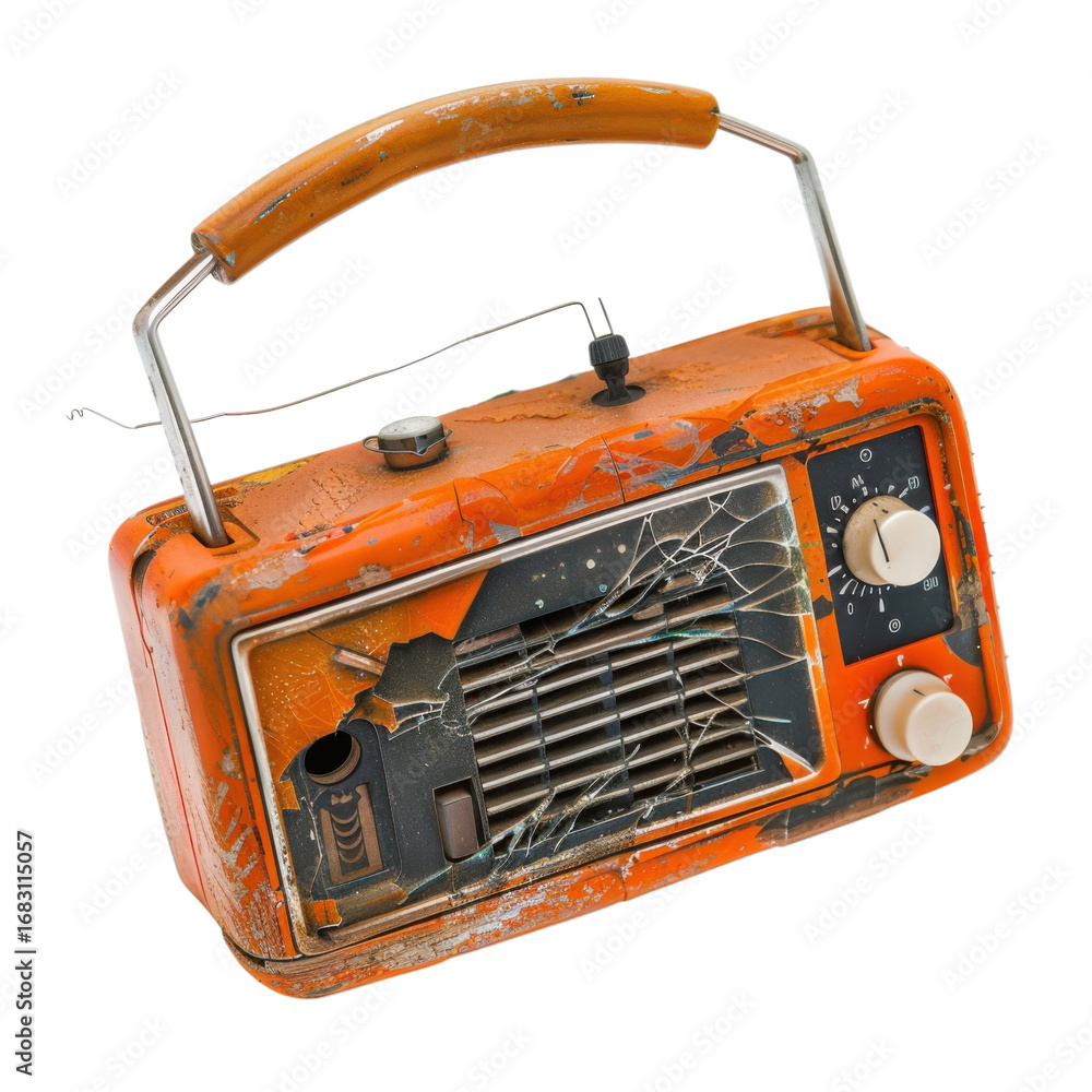 Vintage orange portable radio with broken screen showing age and wear ...