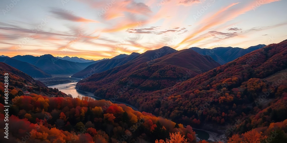 Autumn sunset over Riaño, Picos de Europa Mountains ablaze with fall ...
