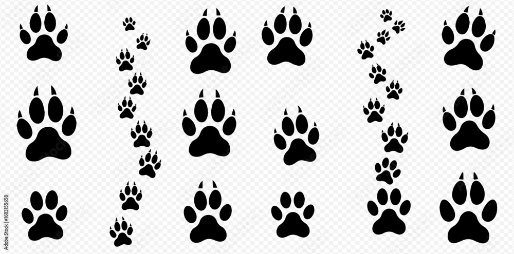 Graphic illustration of animal paw prints, some in rows and some in ...