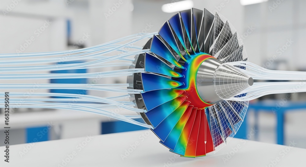 Jet Engine Turbine Simulation with Color-Coded Airflow Analysis Stock ...