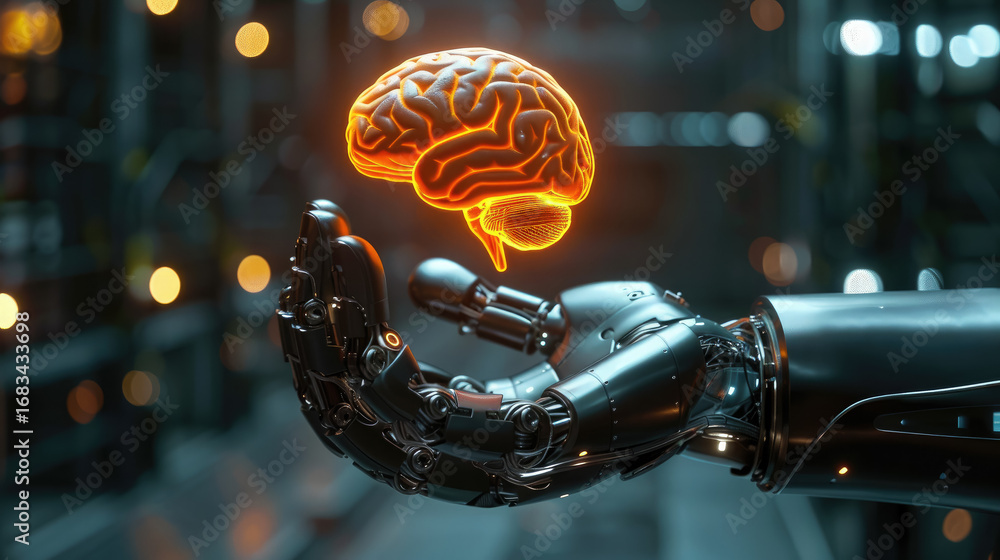 Ilustración de Stock robot hand holding flying brain, artificial ...