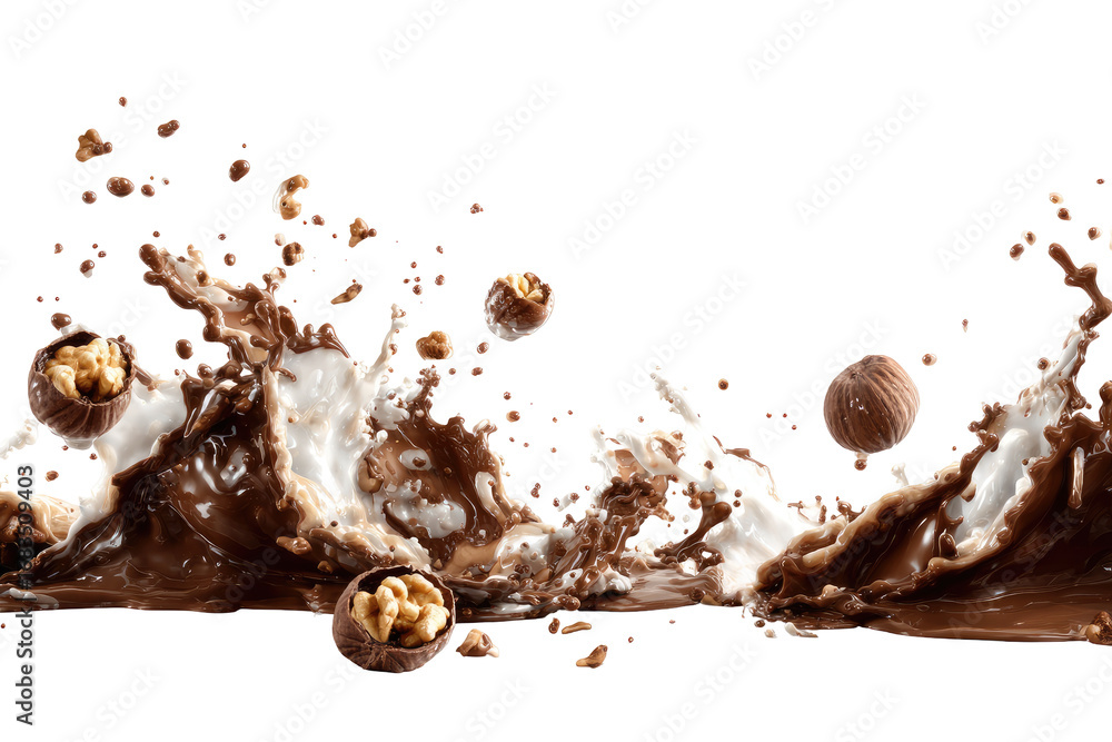 Chocolate and nuts in a dynamic splash Stock Photo | Adobe Stock