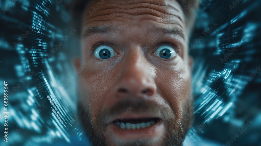 Frustrated man overwhelmed by digital information and data overload ...