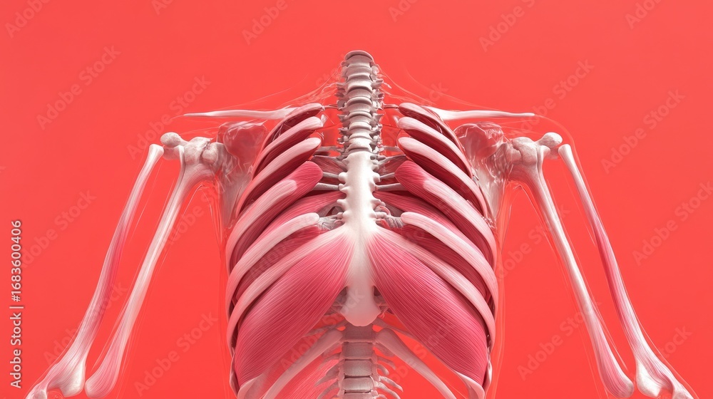 Anatomical rendering showcasing the human rib cage muscles and skeletal ...