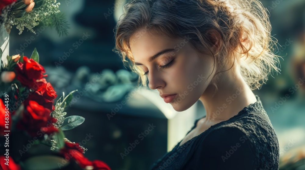 Ilustracja bez tantiem: Mournful grieving burial: Young woman in black ...